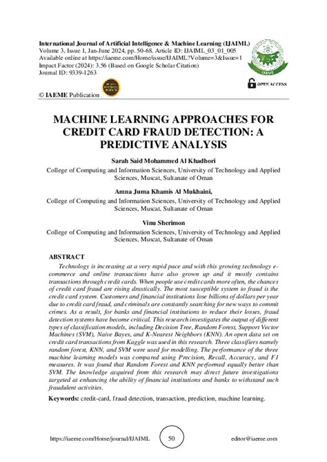 Pdf Machine Learning Approaches For Credit Card Fraud Detection A Predictive Analysis
