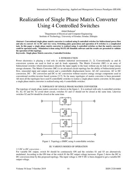 Pdf Realization Of Single Phase Matrix Converter Using Four Controlled Switches