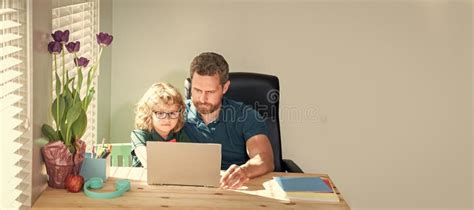 Banner Of Teacher And Pupil School Boy With Laptop At Home Serious