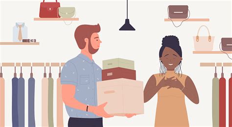 커플 쇼핑 선물 선물 구입 패션 숍에서 소녀에게 깜짝 상자를 제공 가족에 대한 스톡 벡터 아트 및 기타 이미지 가족 건물 외관 계절 Istock