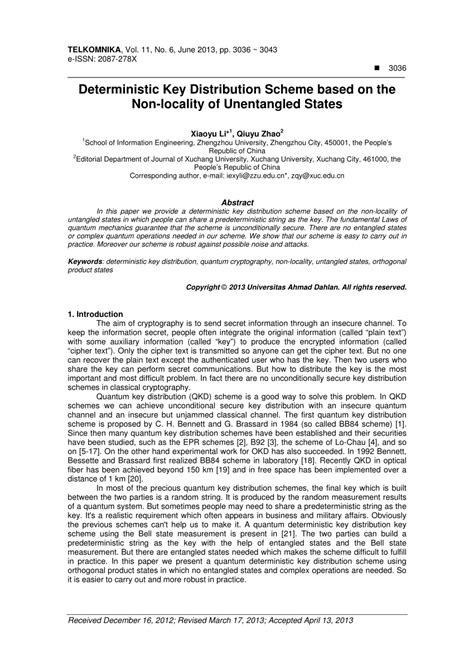 pdf deterministic key distribution scheme based on the non locality
