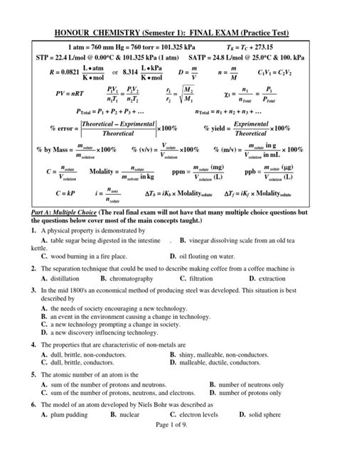 Final Exam Practice Test Semester 1 Pdf Gases Vapor