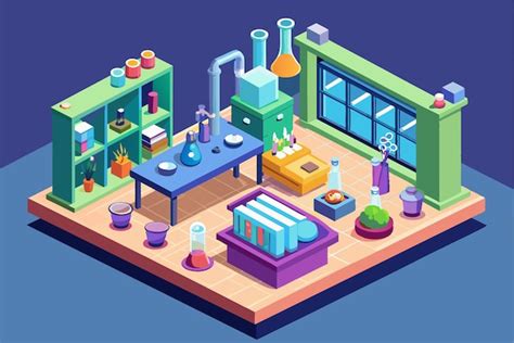 A Vibrant Isometric Lab Setup Showcases Various Glassware Scientific