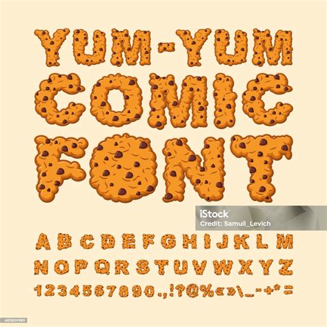 냠 냠 만화 폰트입니다 쿠키의 편지입니다 비스킷 초콜릿 드랍 스 알파벳입니다 음식 글자입니다 식용 인쇄 술입니다 Abc 베이킹 크래커와 오트밀 과자 알파벳에 대한 스톡 벡터