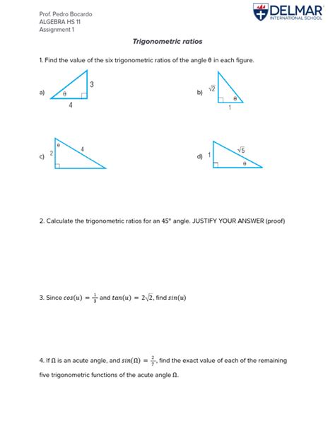 Assignment 1 Trigonometric Ratios Pdf