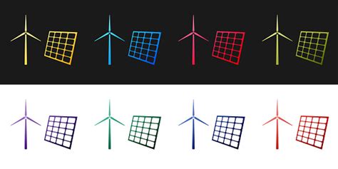 흑백 배경에서 격리된 전기 및 태양전지 패널 아이콘을 생성하는 풍력 발전소 터빈을 설정합니다 에너지 대안 재생 에너지의 개념 벡터 태양전지판에 대한 스톡 벡터 아트 및 기타