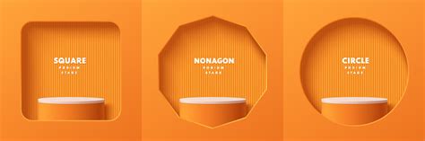 정사각형 Nonagon 및 원형 창 벽 장면에서 사실적인 3d 흰색 주황색 실린더 연단 받침대 세트 추상 스튜디오 룸 파스텔