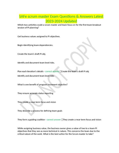 Safe Scrum Master Exam Questions And Answers Latest 2023 2024 Updated Exams Safety And Fire