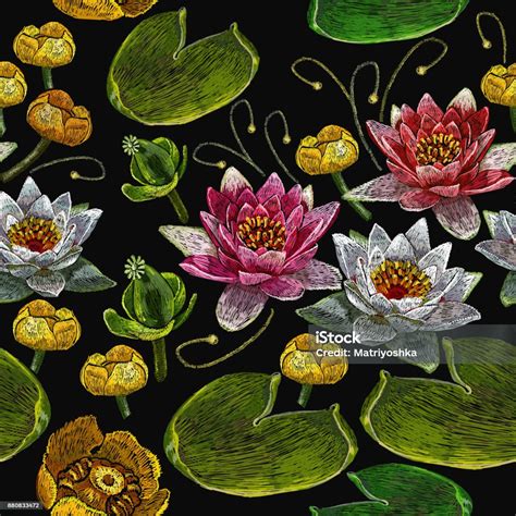 클래식 자 수 핑크와 화이트 석불 및 수련 템플릿 유행 원활한 패턴 옷 T셔츠 디자인 벡터입니다 수련 자 수 완벽 한 패턴 수련