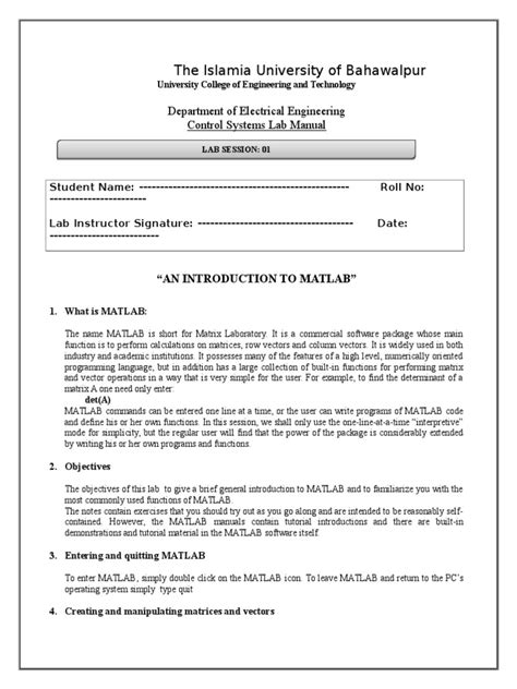 lab 1 pdf matrix mathematics matlab