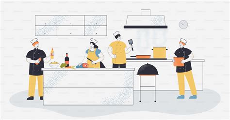 상업용 주방에서 요리하는 전문 요리사 스토브와 장비 내부 플랫 벡터 일러스트레이션을 사용하여 요리합니다 카페 레스토랑 배너 웹 사이트 디자인 또는 랜딩 페이지에