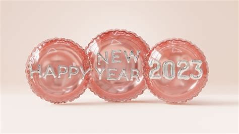 3d 렌더링 새해 복 많이 받으세요 2023 텍스트 풍선 금속 로즈 골드와 실버 파스텔 핑크 배경 12월 31일에 대한 스톡