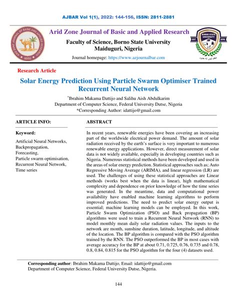 PDF Solar Energy Prediction Using Particle Swarm Optimiser Trained