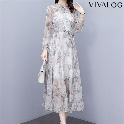 포스티 비바로그 시카 프릴넥 플라워 쉬폰 롱 원피스