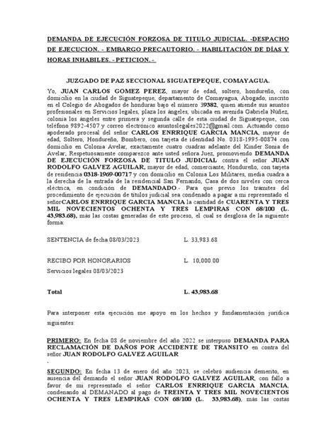 Demanda De Ejecución Forzosa De Titulo Judicial Pdf Demanda Judicial Sentencia Ley
