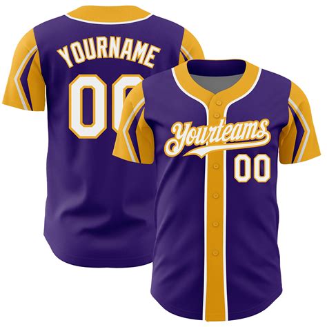 Custom Purple Baseball Jersey White Gold 3 Colors Arm Shapes Authentic