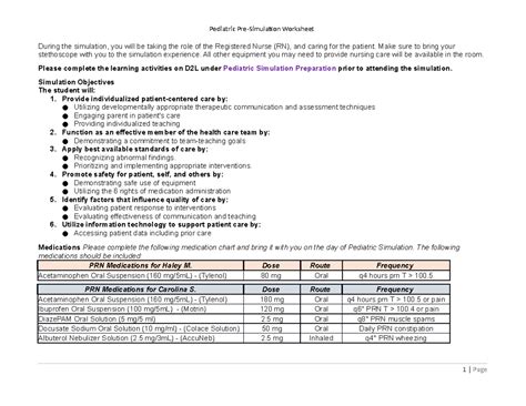 Nur 158 Pre Simulation Worksheet 1 Pediatric Pre Simulation Worksheet