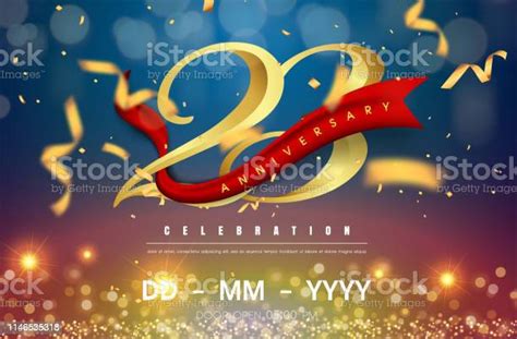 골드와 블루 배경 23 년 기념일 로고 템플릿 23 빨간 리본 벡터와 색종이 고립 된 디자인 요소와 황금 숫자를 축 하 광고에 대한 스톡 벡터 아트 및 기타 이미지 Istock