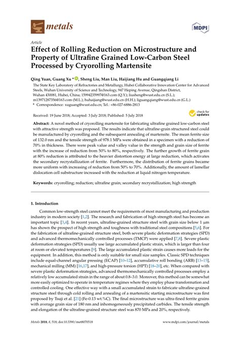 Pdf Effect Of Rolling Reduction On Microstructure And Property Of Ultrafine Grained Low Carbon