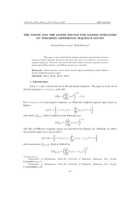 Pdf The Norms And The Lower Bounds For Matrix Operators On Weighted Difference Sequence Spaces