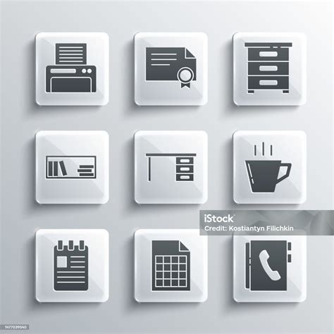 파일 문서 주소록 커피 컵 사무실 책상 나선형 노트북 책이있는 선반 프린터 및 서랍 문서 아이콘을 설정합니다 벡터 공란에 대한 스톡 벡터 아트 및 기타 이미지 Istock