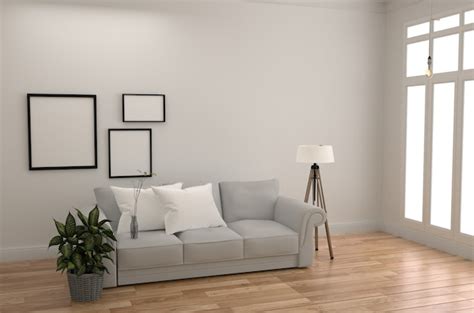 빈 흰색 벽 배경에 나무 바닥으로 룸 스칸디나비아 스타일 3d 렌더링 프리미엄 사진