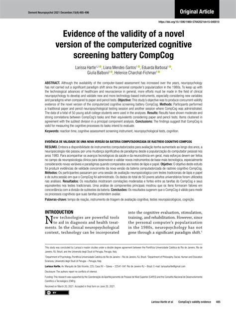 Pdf Evidence Of The Validity Of A Novel Version Of The Computerized Cognitive Screening