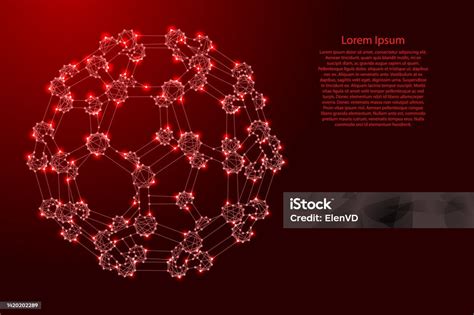 풀러렌 분자 화합물 탄소 원자에서 구조 미래 다각형 레드 라인과 배너 포스터 인사말 카드를위한 빛나는 별에서 벡터 일러스트레이션 3차원 형태에 대한 스톡 벡터 아트 및 기타