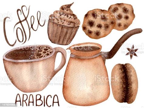 큰 수채화 커피 컬렉션입니다 커피 Cezve 다양한 과자 간단한 글자가 든 머그잔 갈색의 모든 요소는 흰색 배경에 격리되어 있습니다 Comfort Food에 대한 스톡 벡터