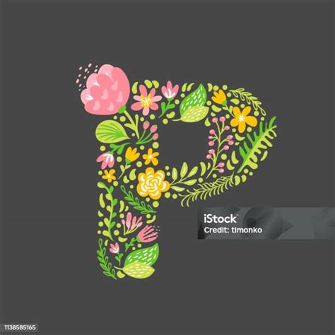 꽃 여름 편지 P 꽃 자본 결혼식 대문자 알파벳 꽃과 나뭇잎과 화려한 글꼴입니다 벡터 일러스트 레이 션 그로 테 스크 스칸디나비아 스타일 0명에 대한 스톡 벡터 아트 및