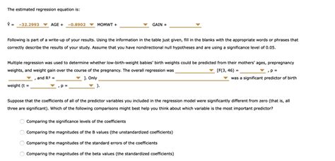 Solved The Estimated Regression Equation Is Y 32 2993 0 8902 Age Momwt Gain