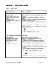 GRADE PHYSICS SUMMARY Pdf SUMMARY GRADE PHYSICS UNIT MOTION KEY CONCEPTS CHAPTER