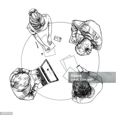 손으로 그린 벡터 일러스트 레이 션 보기 톱 Businessmens 테이블에서 비즈니스 대화 스케치 스타일에서 컨셉 아트입니다 완벽 한 프레 젠 테이 션 Magazins