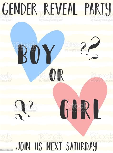 핑크와 파란색 하트와 단어 소년 또는 소녀에 노란색 줄무늬 배경 초대 카드 템플릿 벡터 일러스트 레이 션 성별에 대 한 공개