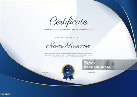 현대 우아한 파란색과 금색 인증서 골드 배지와 테두리가있는 업적 템플릿 졸업장 상 비즈니스 대학 학교 및 기업을 위해 설계되었습니다 0명에 대한 스톡 벡터 아트 및 기타