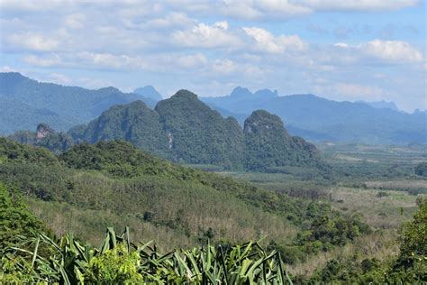 흐린 푸른 하늘 아래 산으로 둘러싸인 무성한 녹색 계곡 사진 Unsplash의 무료 태국 이미지