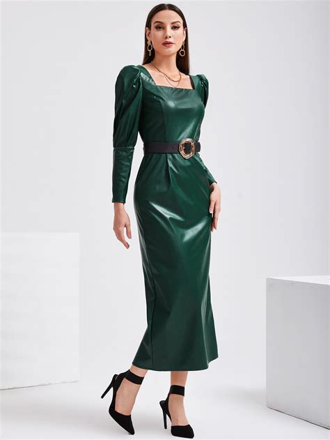 Shein Kleid Mit Eckigem Ausschnitt Keulenärmeln Schlitz Hinten Pu
