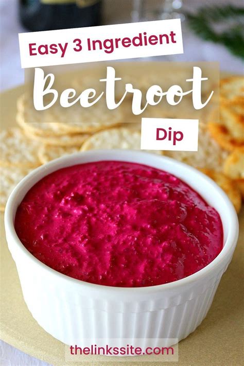 Beetroot Dip In A White Bowl With Crackers On The Side And Text Overlay
