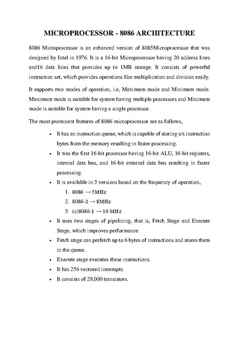 Microprocessor 8086 Its Lecture Notes Microprocessor 8086 Architecture 8086 Microprocessor