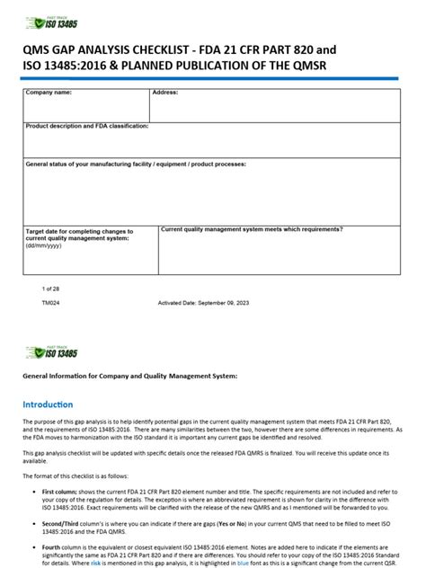 Fda Iso Gap Analysis Checksheet Upgrade Pdf Verification And Validation Quality