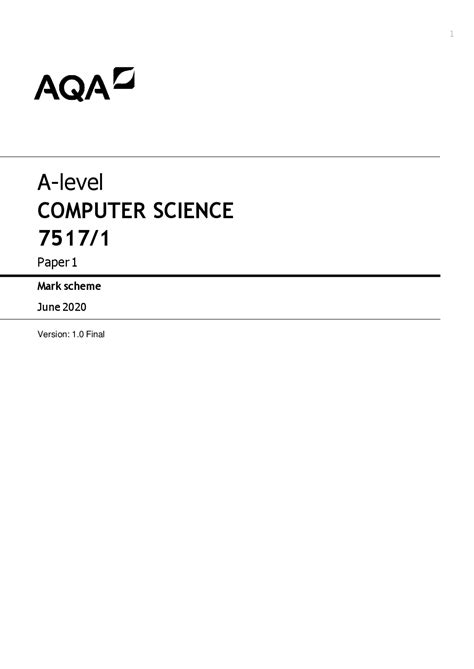 Aqa A Level Computer Science Paper 1 Ms 2020 Exams Nursing Docsity