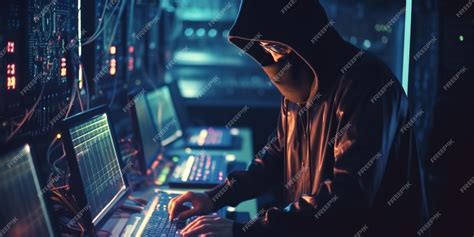 Premium Photo Hacker In The Black Hood In The Server Room