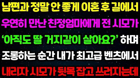 남편과 정말 안 좋게 이혼한 후 길에서 우연히 만난 친정엄마에게 전 시모가 아직도 딸 거지같이 살아요 하며 조롱하는 순간