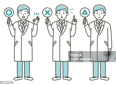 퀴즈에 대한 원 십자가 및 삼각형 태그를 들고 흰색 코트를 입은 남자의 그림 간호사에 대한 스톡 벡터 아트 및 기타 이미지 Istock