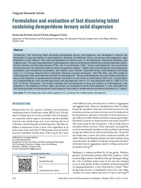 Formulation And Evaluation Of Fast Dissolving Tablet Containing Domperidone Ternary Solid