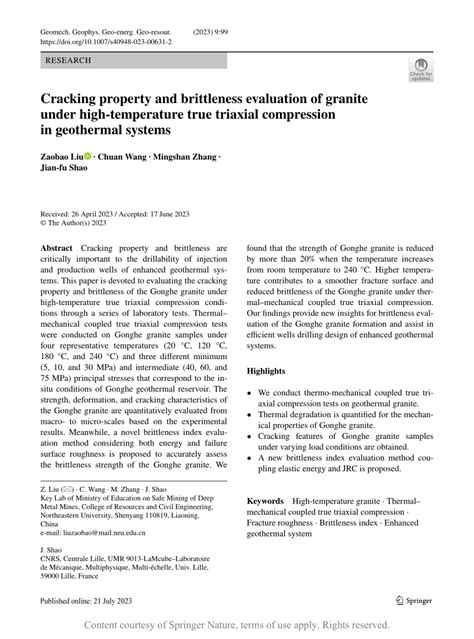 Pdf Cracking Property And Brittleness Evaluation Of Granite Under High Temperature True