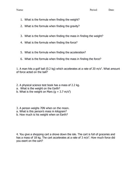 Calculating Force Worksheet Name Period Date What Is The Formula When Finding The Weight