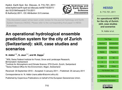 Pdf An Operational Hydrological Ensemble Prediction System For The City Of Zurich Switzerland