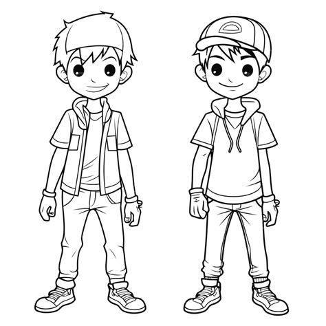 색칠 페이지 개요 스케치 드로잉에서 두 소년 벡터 애니메이션 남자 그리기 애니메이션 남자 개요 애니메이션 남자 스케치 Png 일러스트 및 벡터 에 대한 무료 다운로드