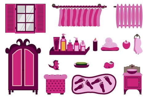 욕실 인테리어 그림을 위한 핑크 색상의 요소 세트 프리미엄 벡터